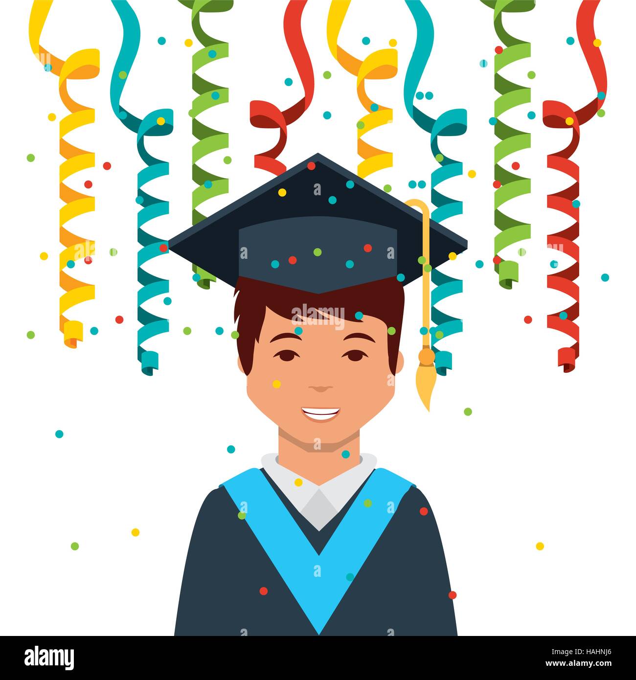 cartoon graduate man smiling and decorative serpentine over white ...