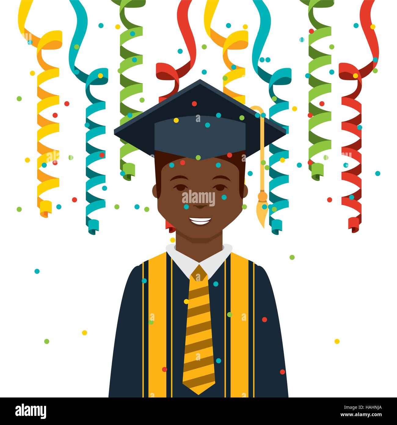 cartoon graduate man smiling and decorative serpentine over white ...