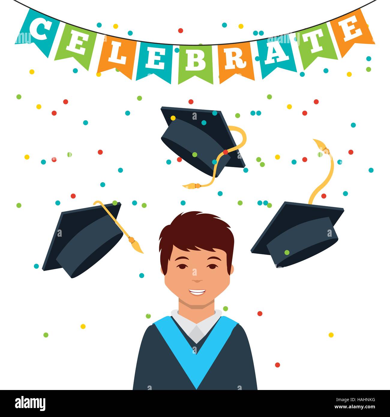 cartoon graduate man smiling with graduation caps around. over white ...