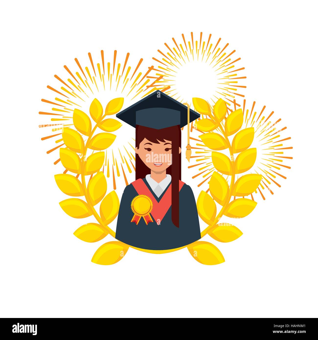cartoon graduate woman with decorative gold wreath of leaves icon over ...
