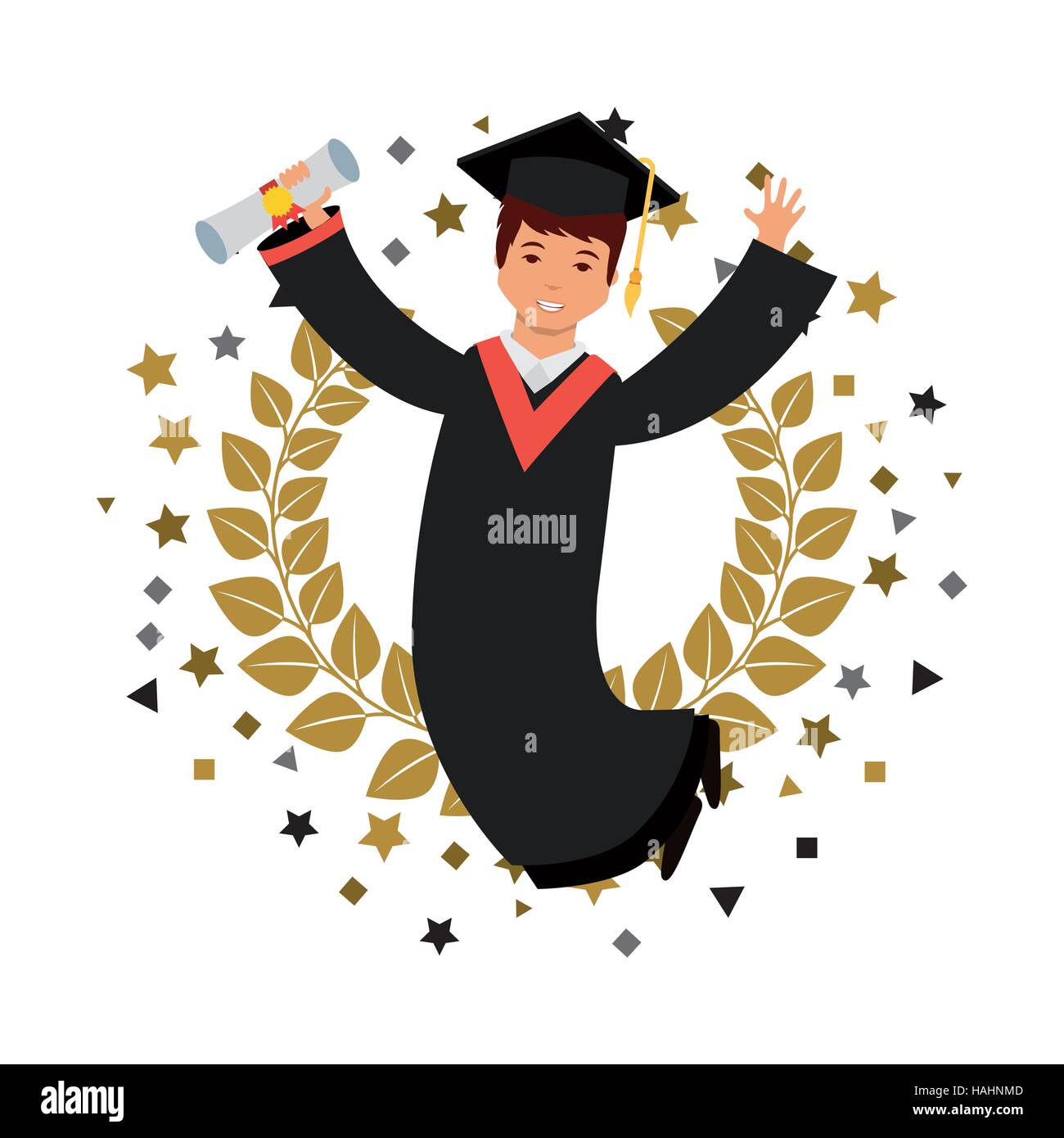 cartoon graduate man with graduation gown and hat and decorative gold ...