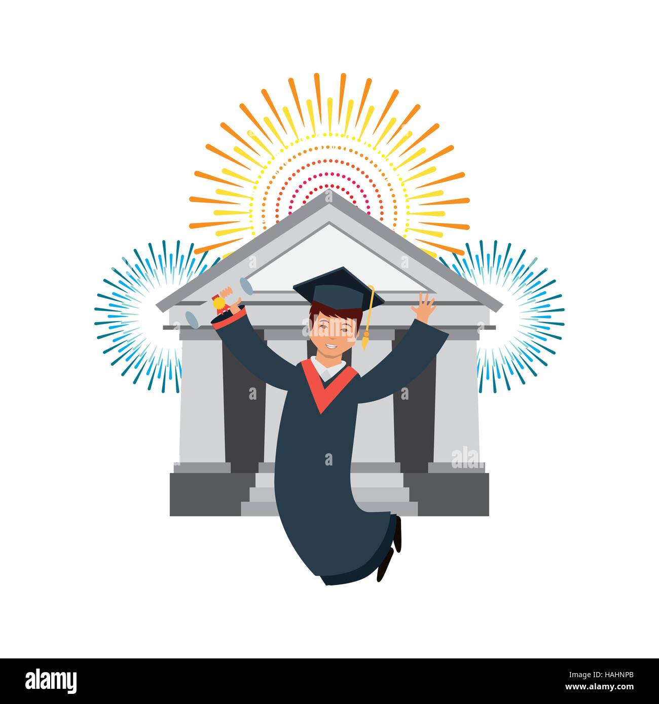 cartoon graduate man jumping with graduation gown and hat icon over ...