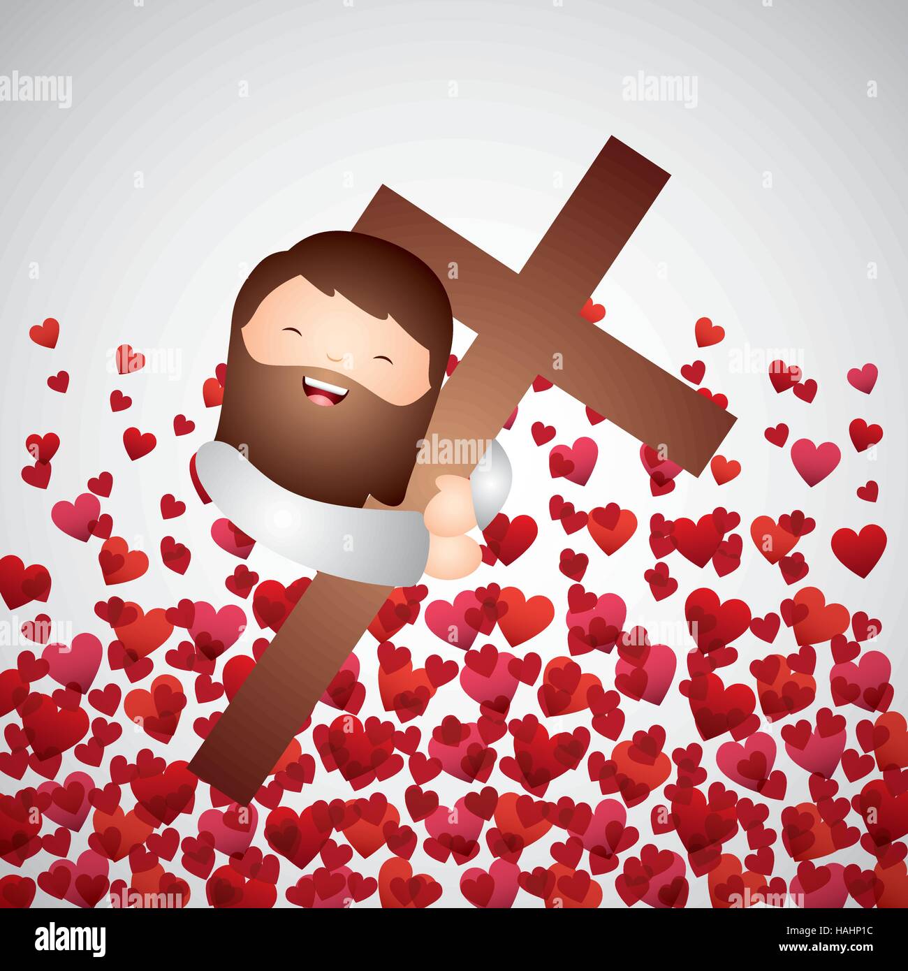 cartoon jesus man hugging a wooden cross over red hearts background ...