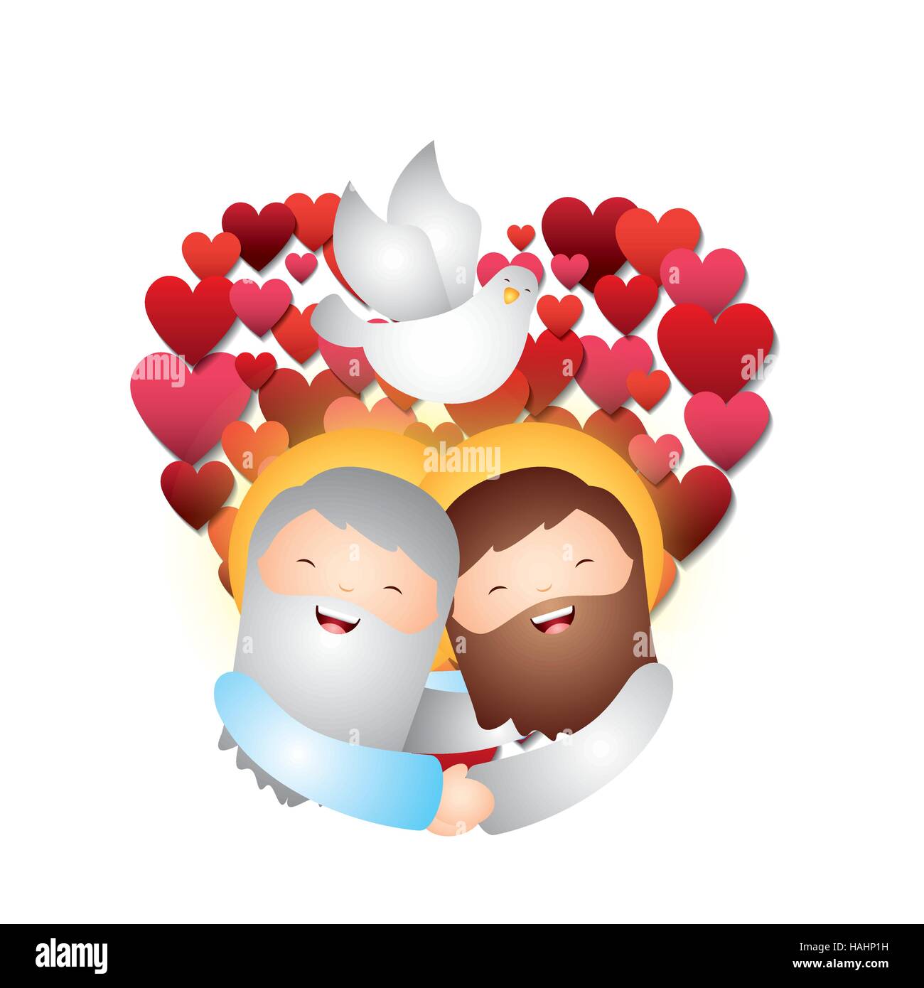 cartoon jesus man and god with white dove over red heart and white ...
