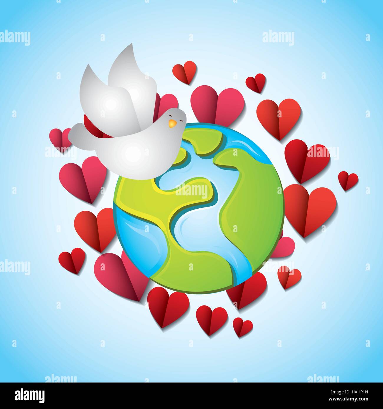 white dove and earth planet with pink and red hearts around. colorful ...