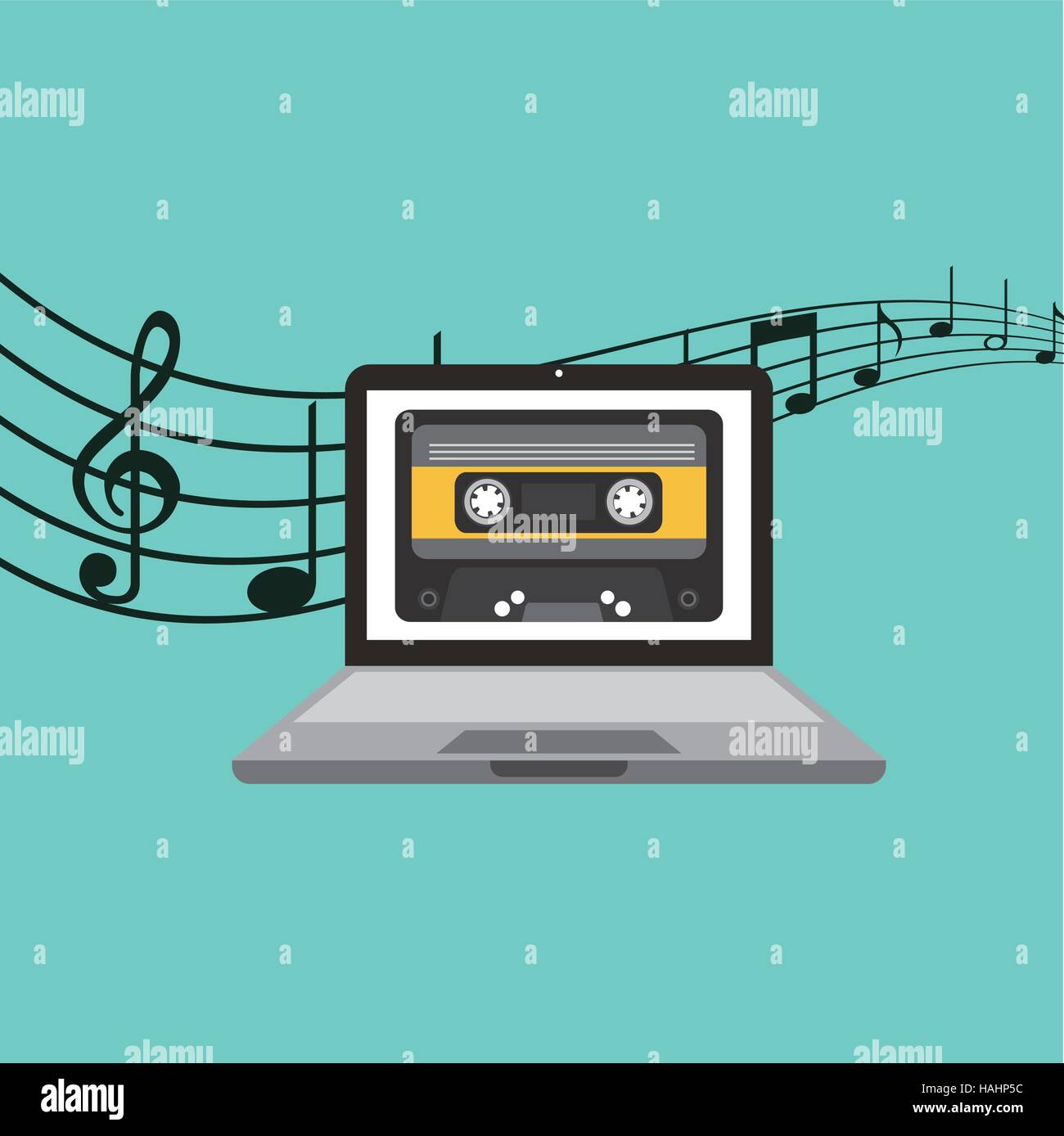 laptop computer with casette tape icon on screen over blue background ...