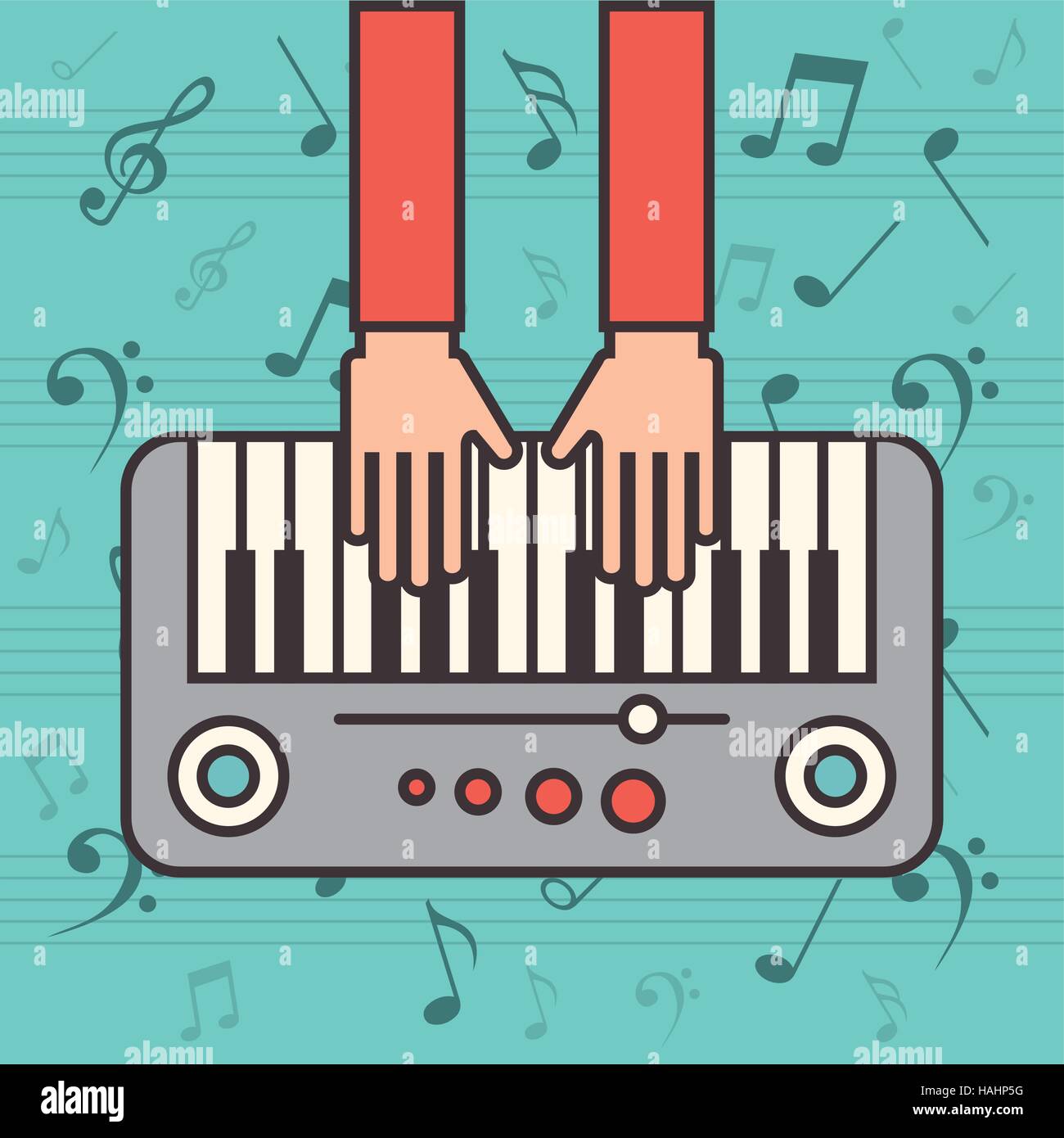 hands playing a piano instrument over blue background. colorful design ...