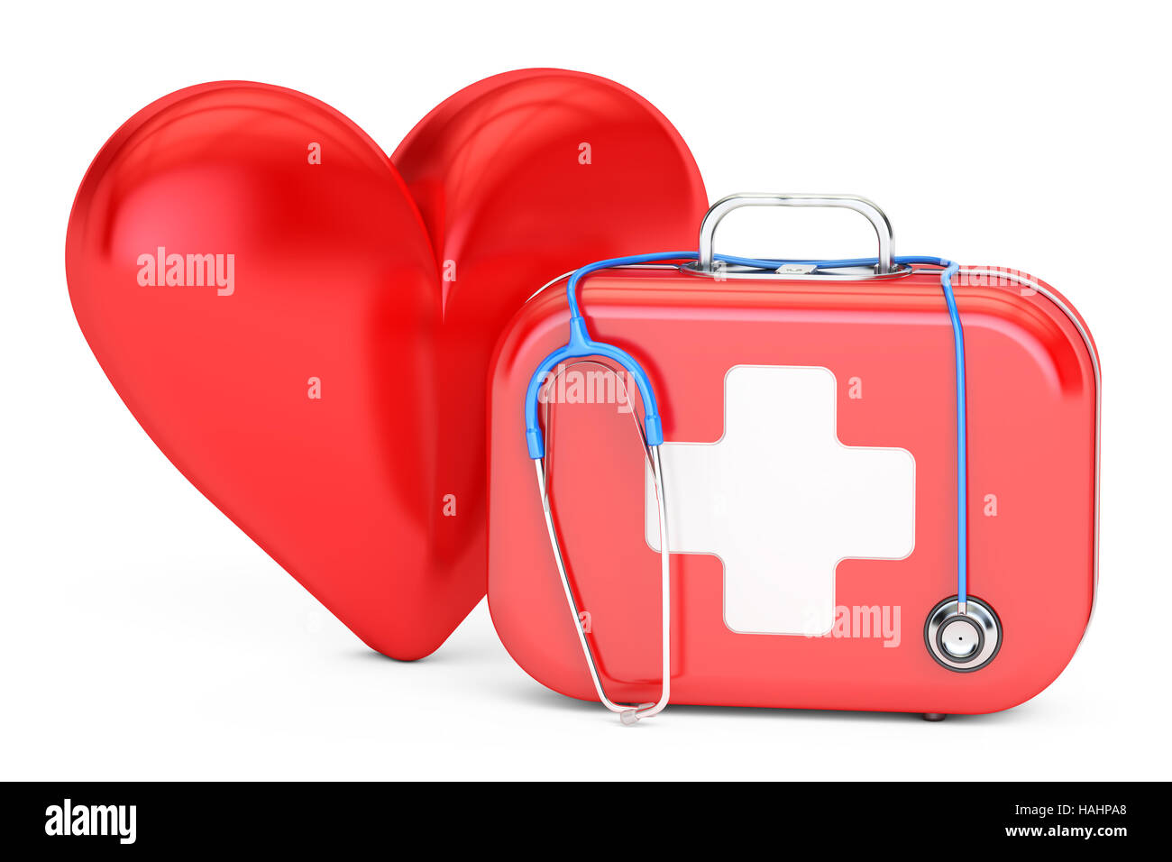 First aid kit with stethoscope and red heart. First Aid concept. 3D ...