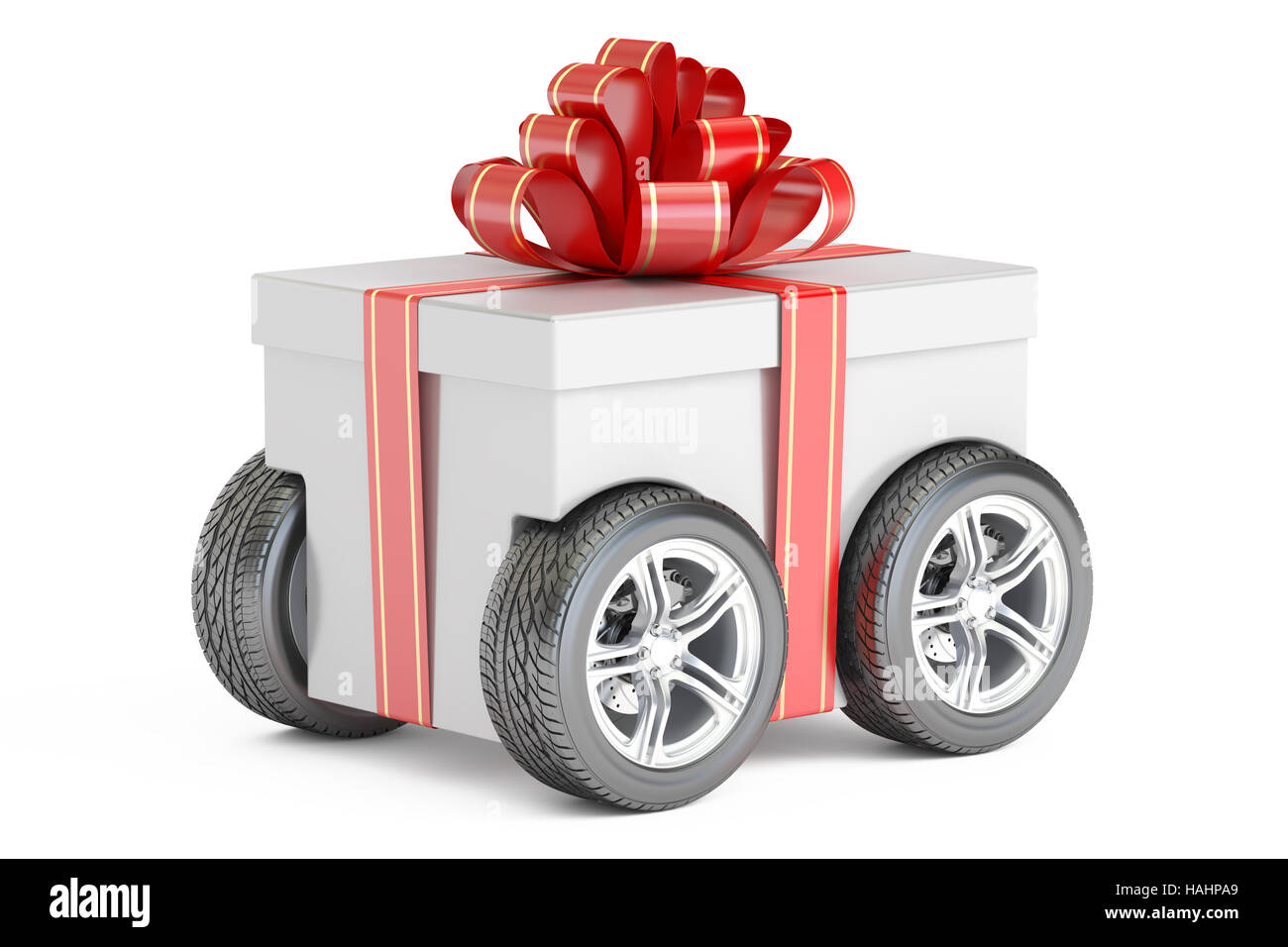 gift box on wheels, gift delivery concept. 3D rendering isolated on ...