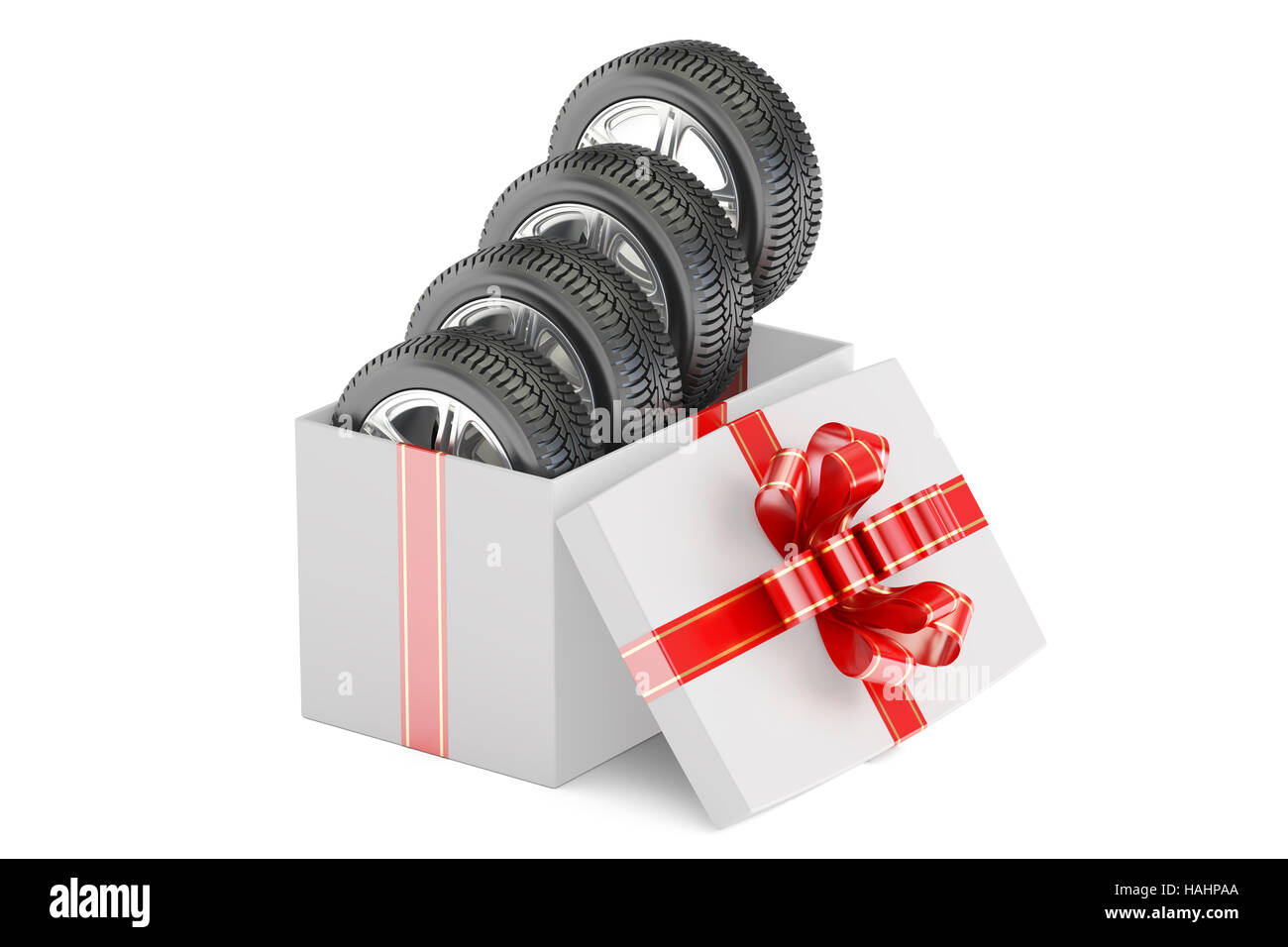 Gift Box with Tyres and Wheels, 3D rendering isolated on white ...