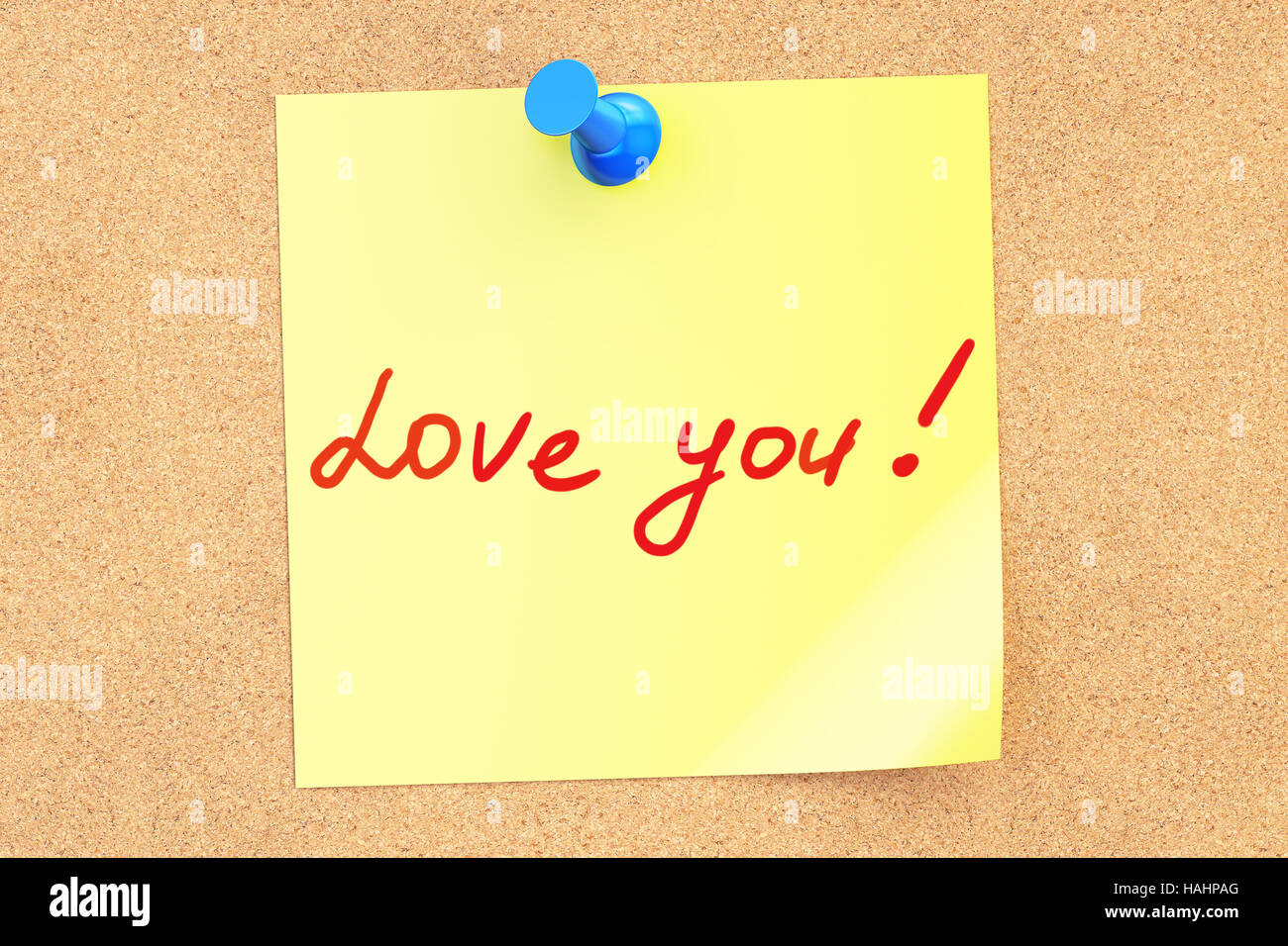Love You! Text on a sticky note pinned to a corkboard. 3D rendering ...