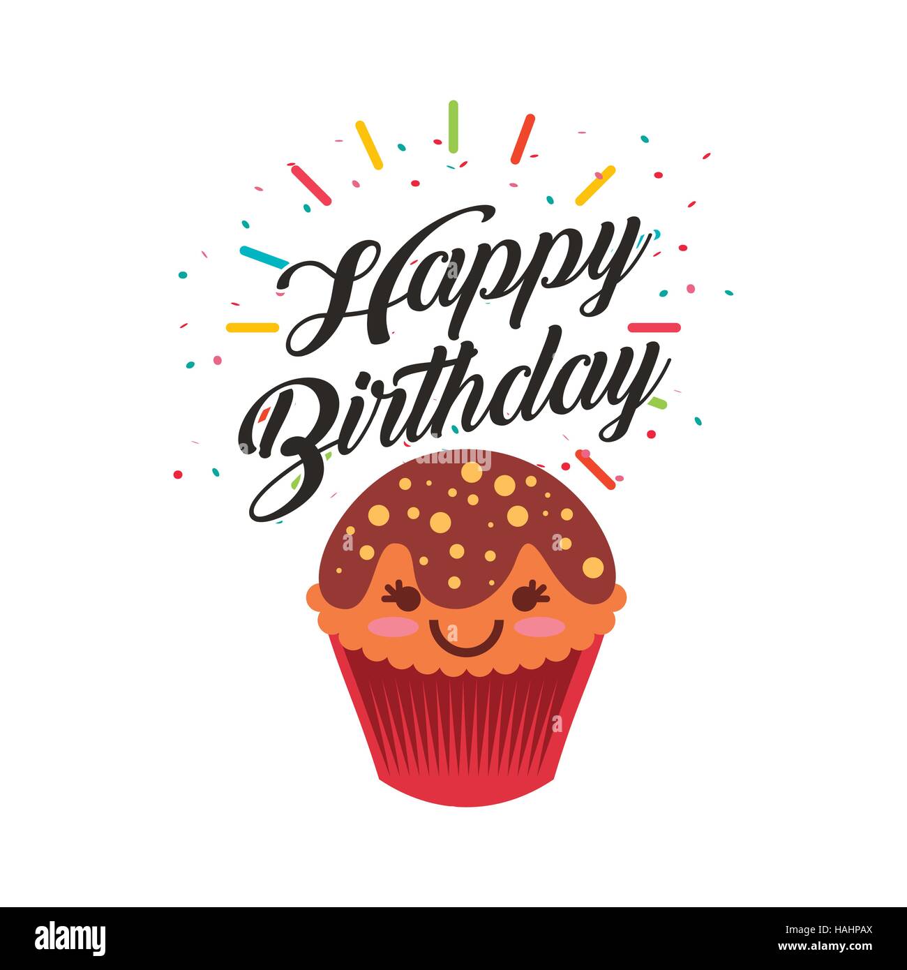 happy birthday card with cartoon cupcake with kawaii happy face ...