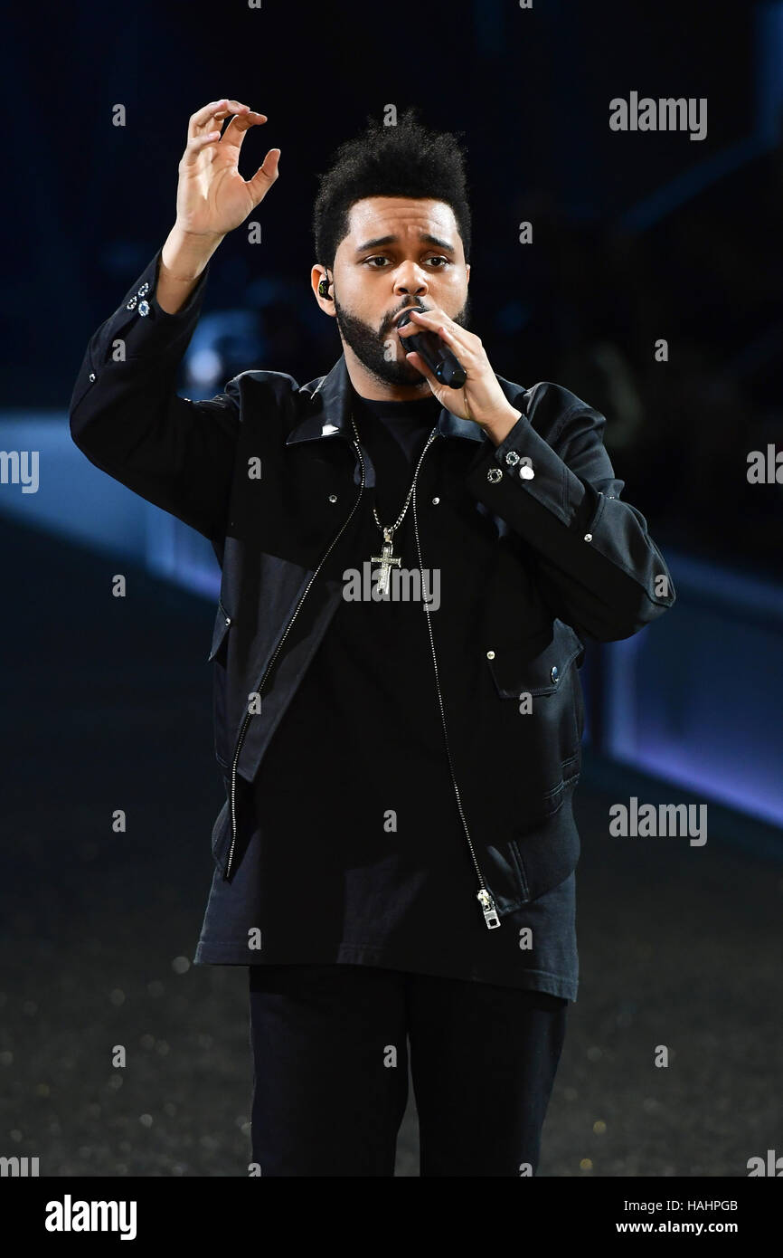 The Weeknd performs on stage during the Victoria's Secret fashion show ...