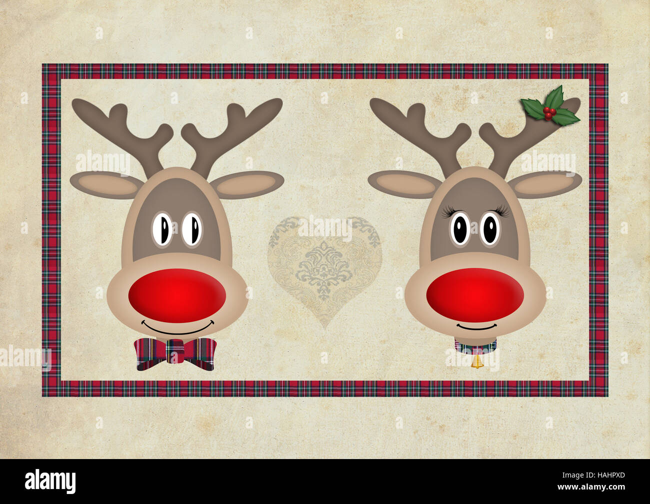 cute reindeer male and female in love on old paper background ...