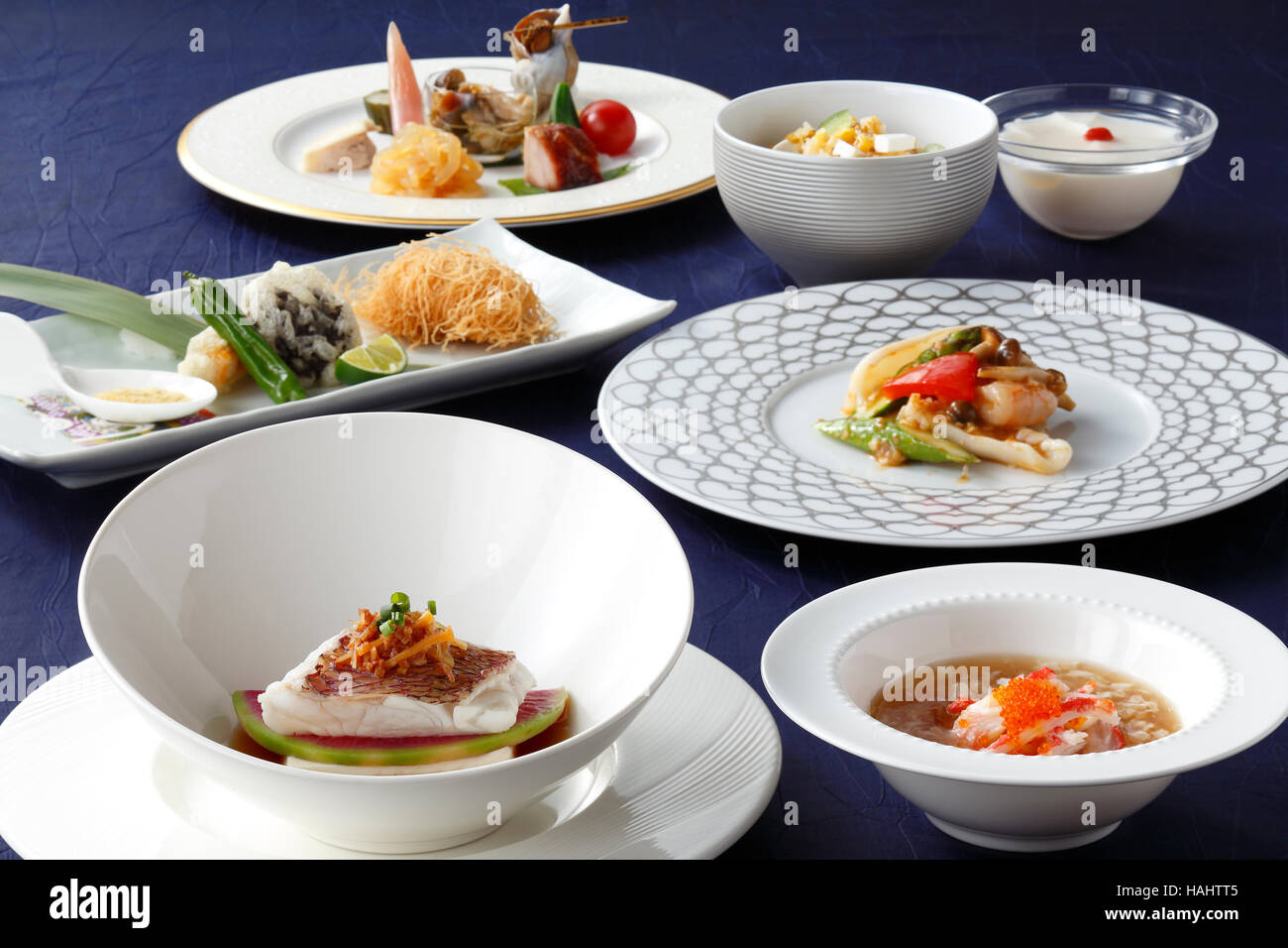 Japanese platters of fresh seafood, cod, soup and sushi Stock Photo - Alamy