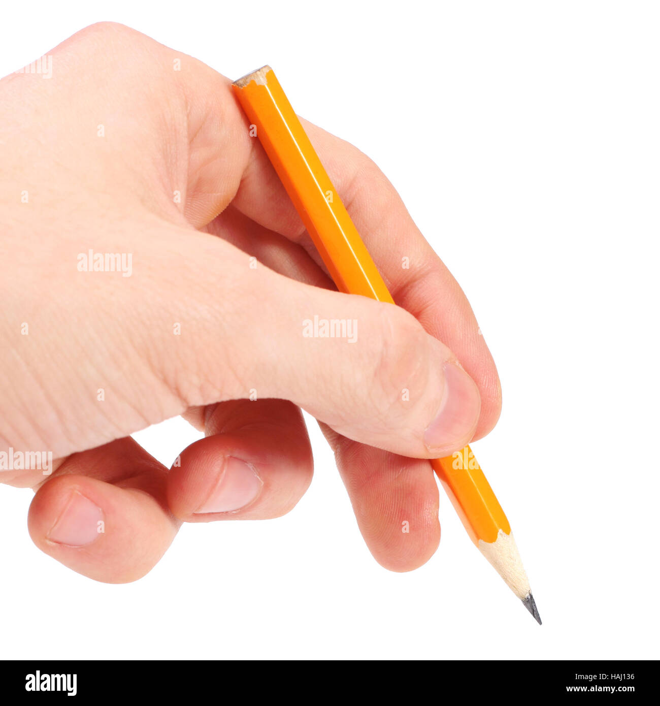 yellow pencil in hand isolated on white background Stock Photo - Alamy