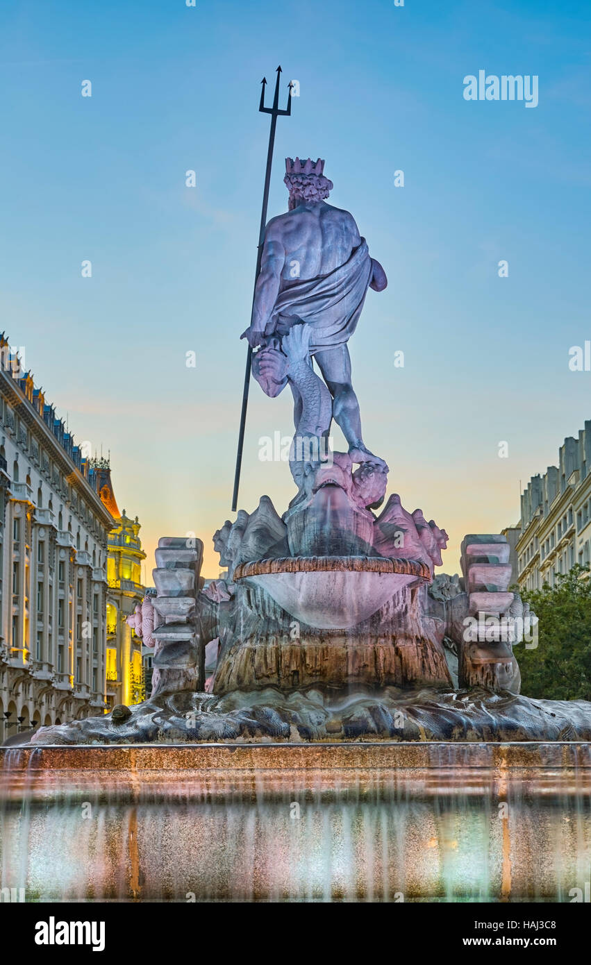Rear view of Neptune fountain, located at the Paseo del Prado boulevard ...