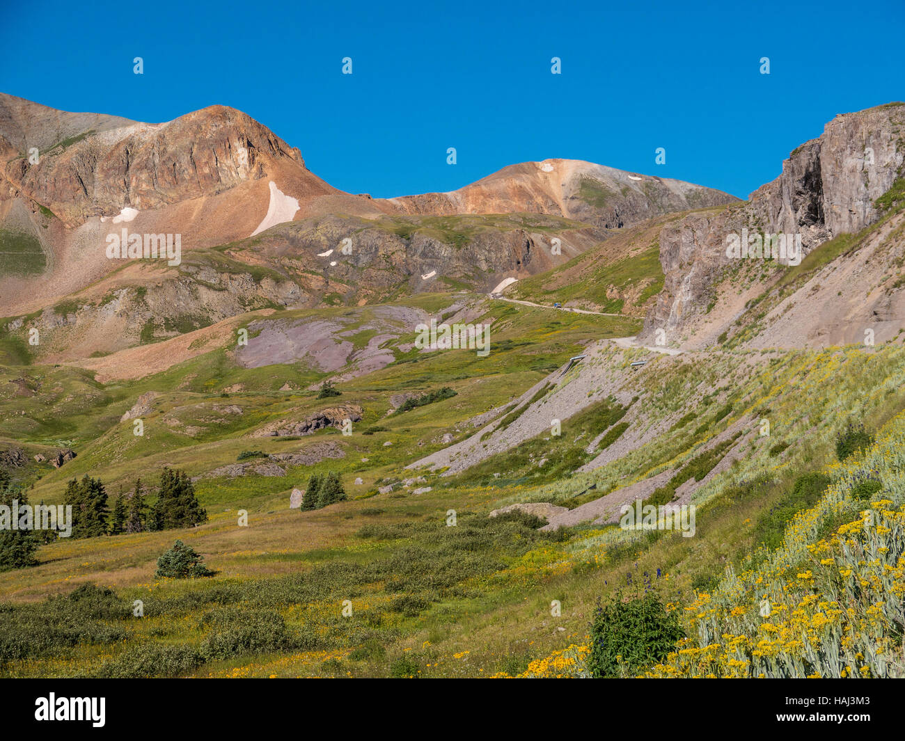 Road approaches Cinnamon Pass on the Alpine Loop Scenic Byway, San Juan ...