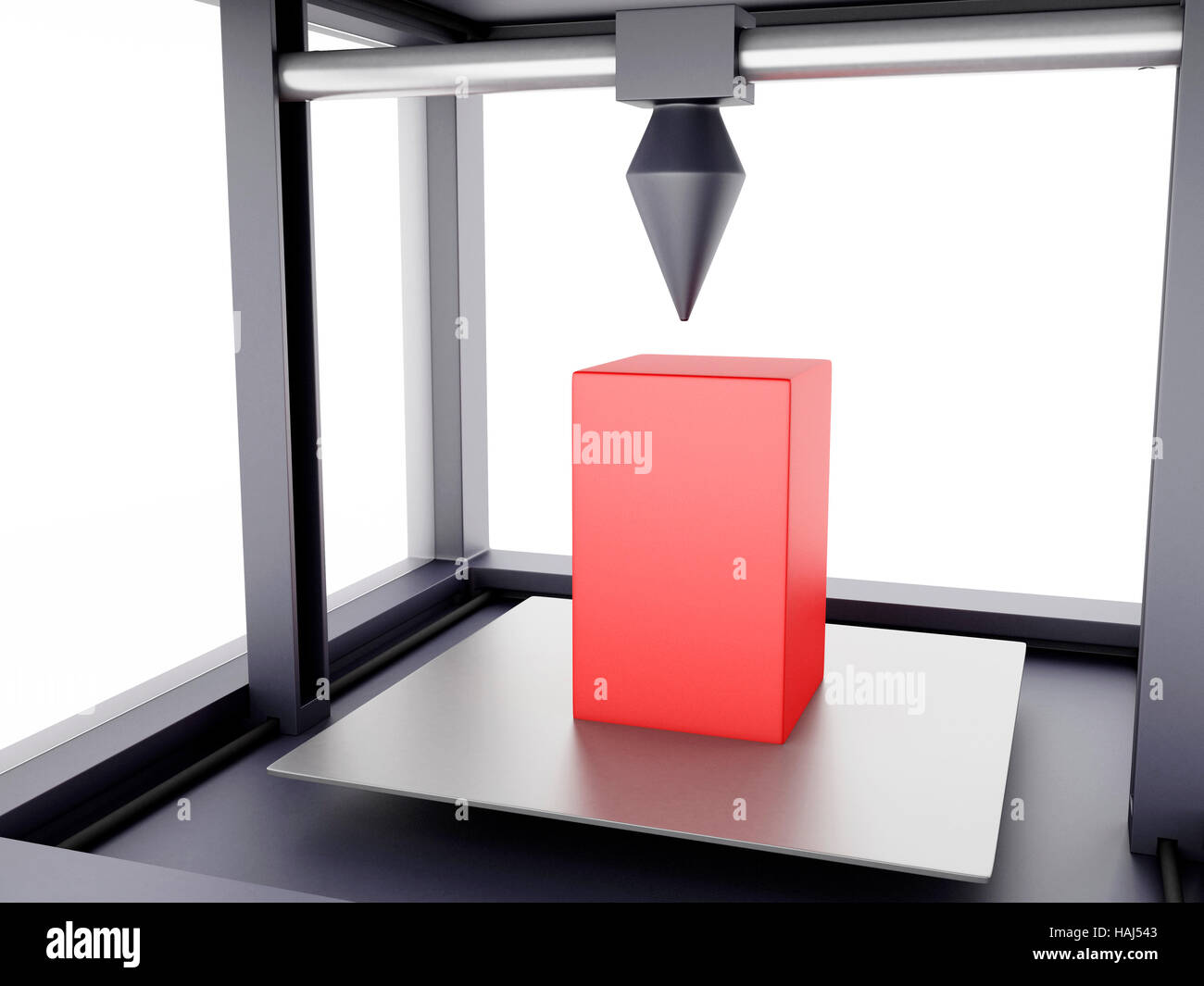 3D Illustration. Three dimensional printer prints a geometrical shape ...