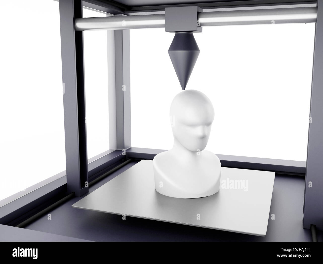 3D Illustration. Three dimensional printer prints model of human head ...