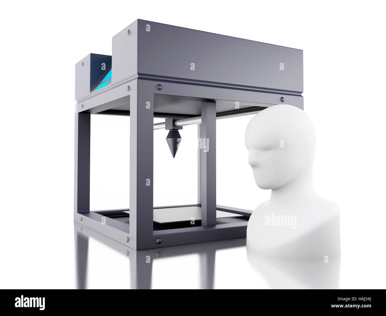 3D Illustration. Three dimensional printer prints model of human head ...