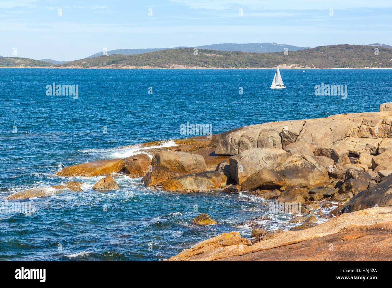 A yacht sailing off King Point in Albany in Western Australia Stock ...