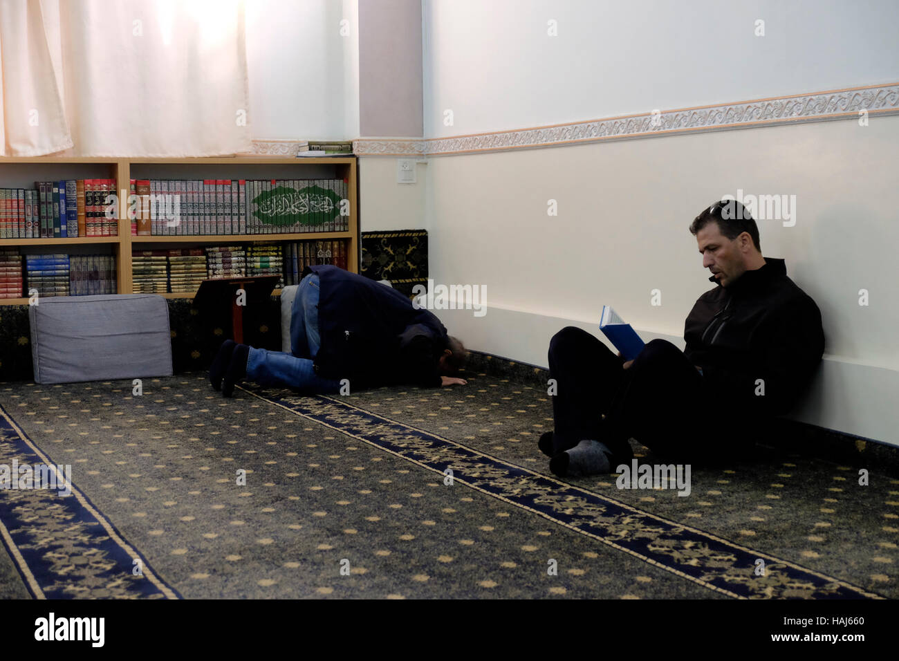 Israeli Arab men praying inside Al-Rahman mosque in Beit Safafa, an ...