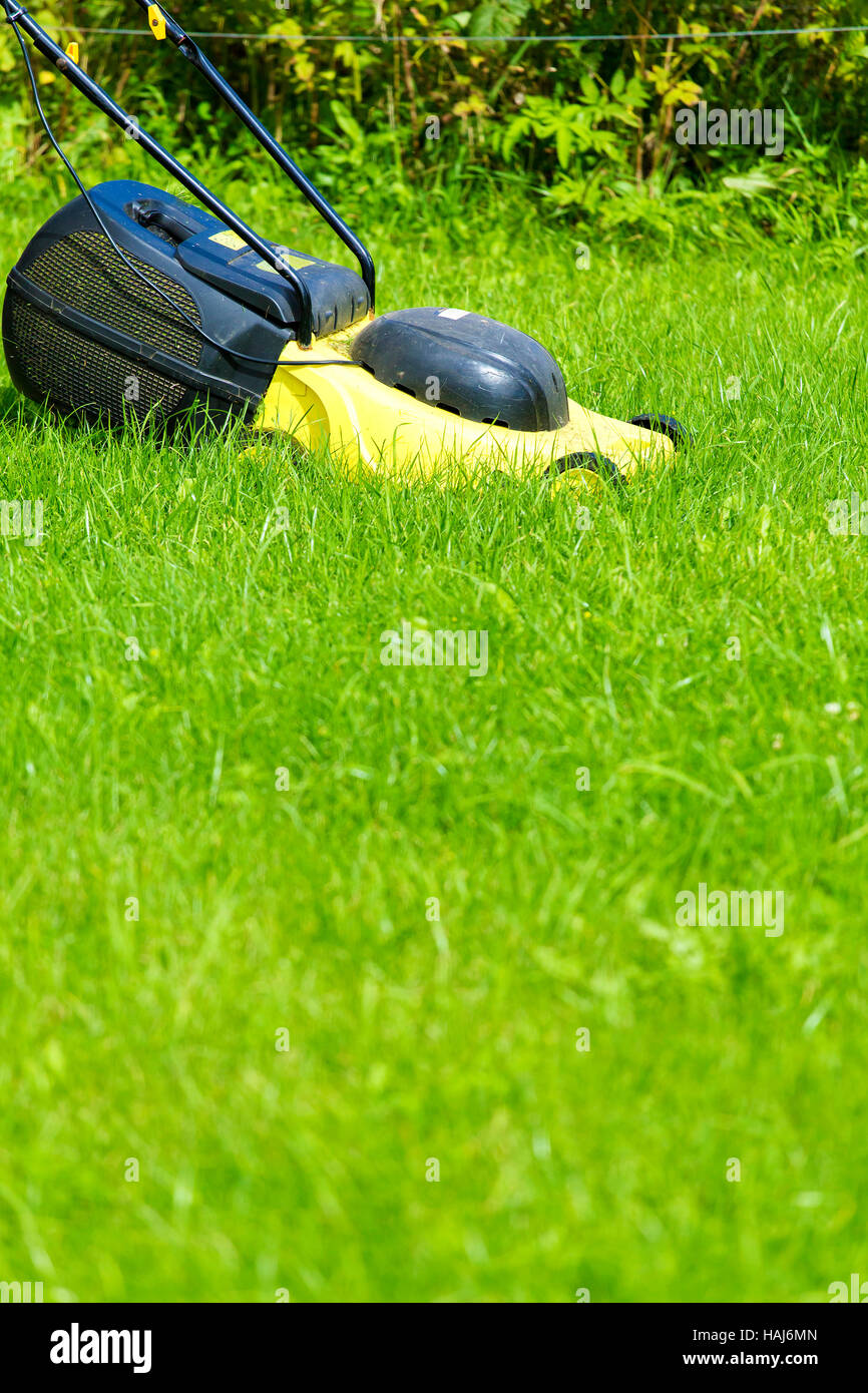 Young man gardener using lawn mower Stock Photo - Alamy