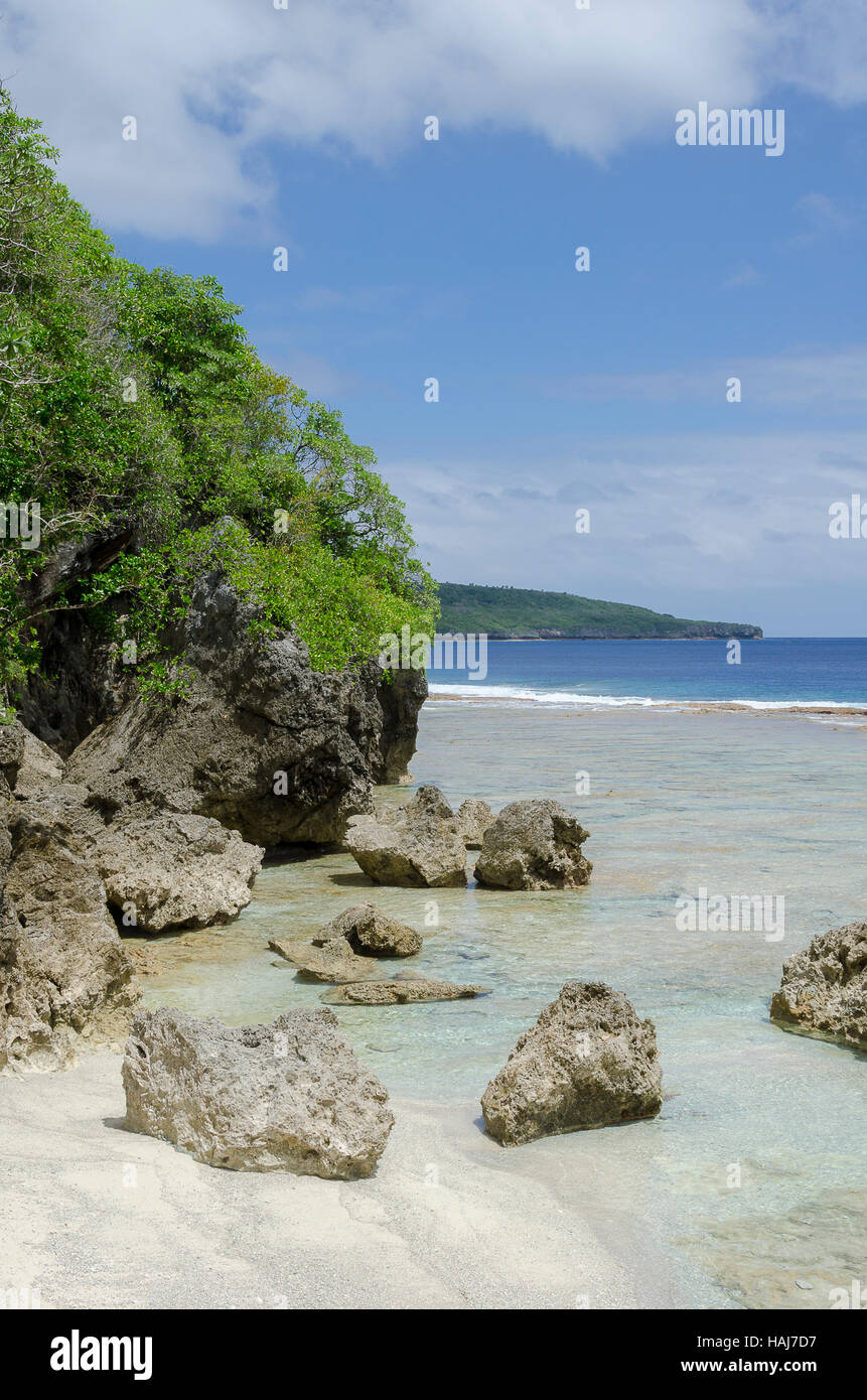 Sandy beach, rocks and coral reef, Pofitu, Niue, South Pacific, Oceania ...