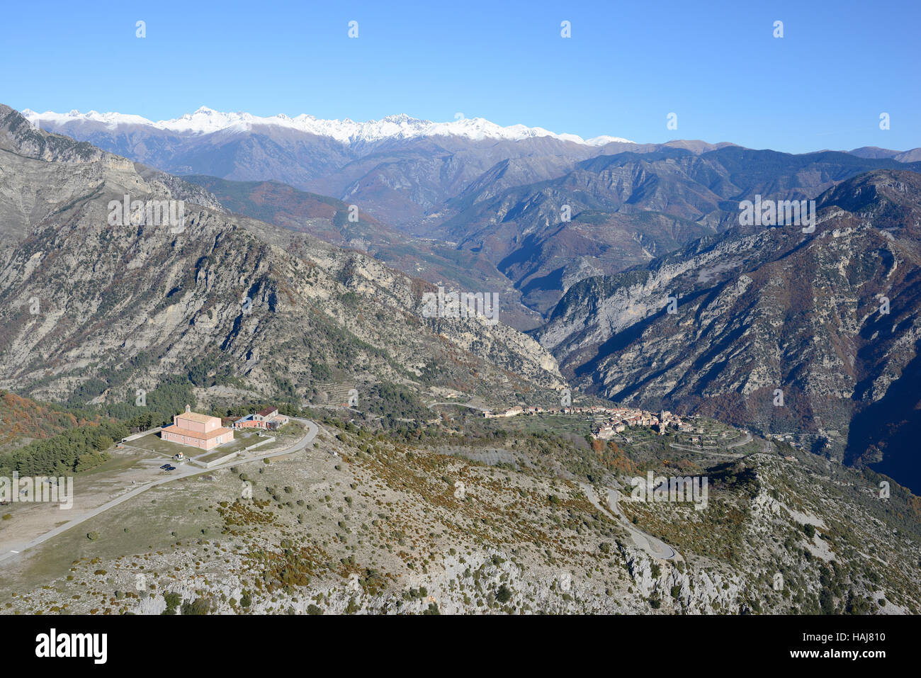 AERIAL VIEW. Madone d'Utelle Sanctuary overlooking the village of ...