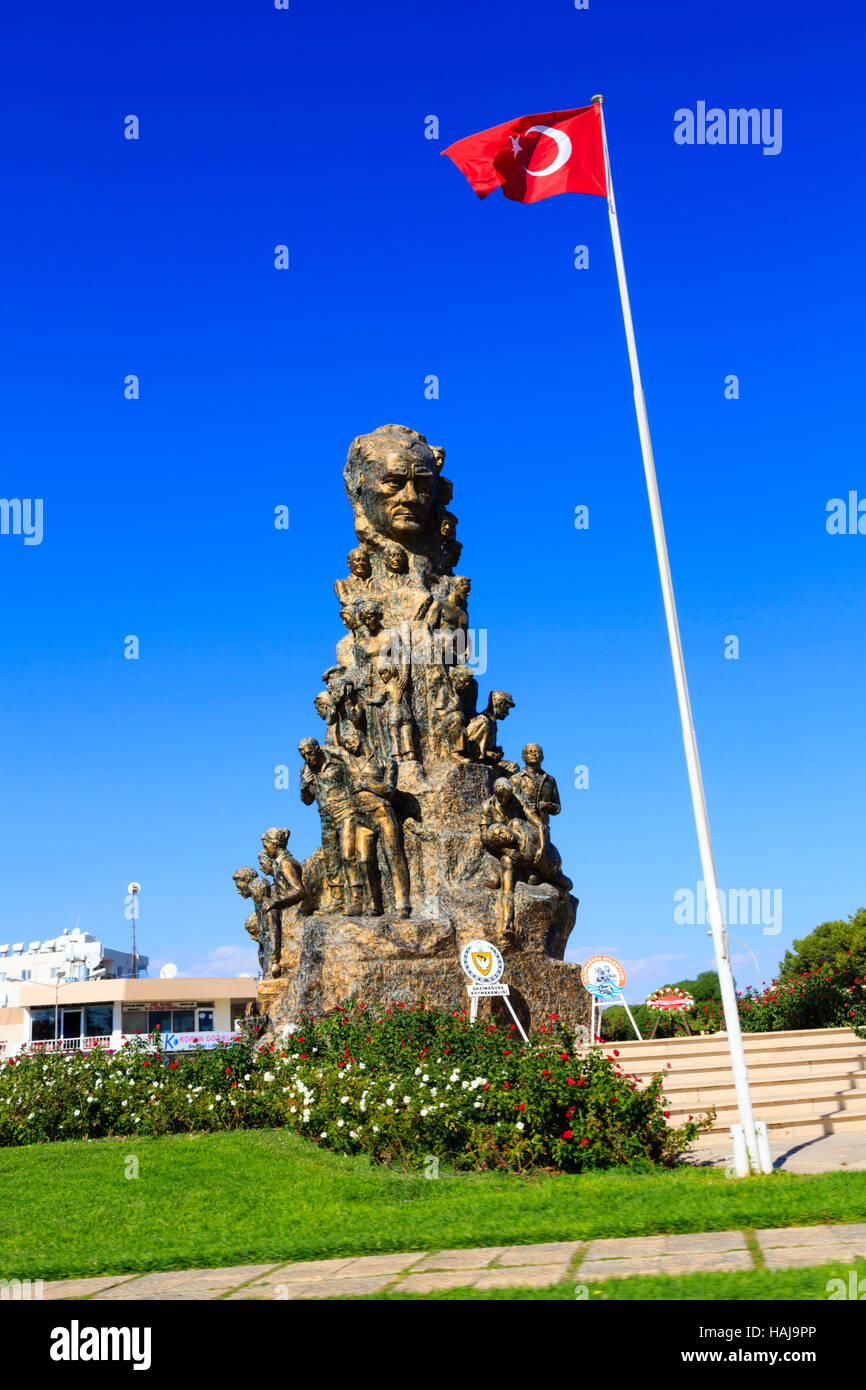 Bronze Ataturk statue, with Turkish flag.Gazimagusa,Famagusta ...