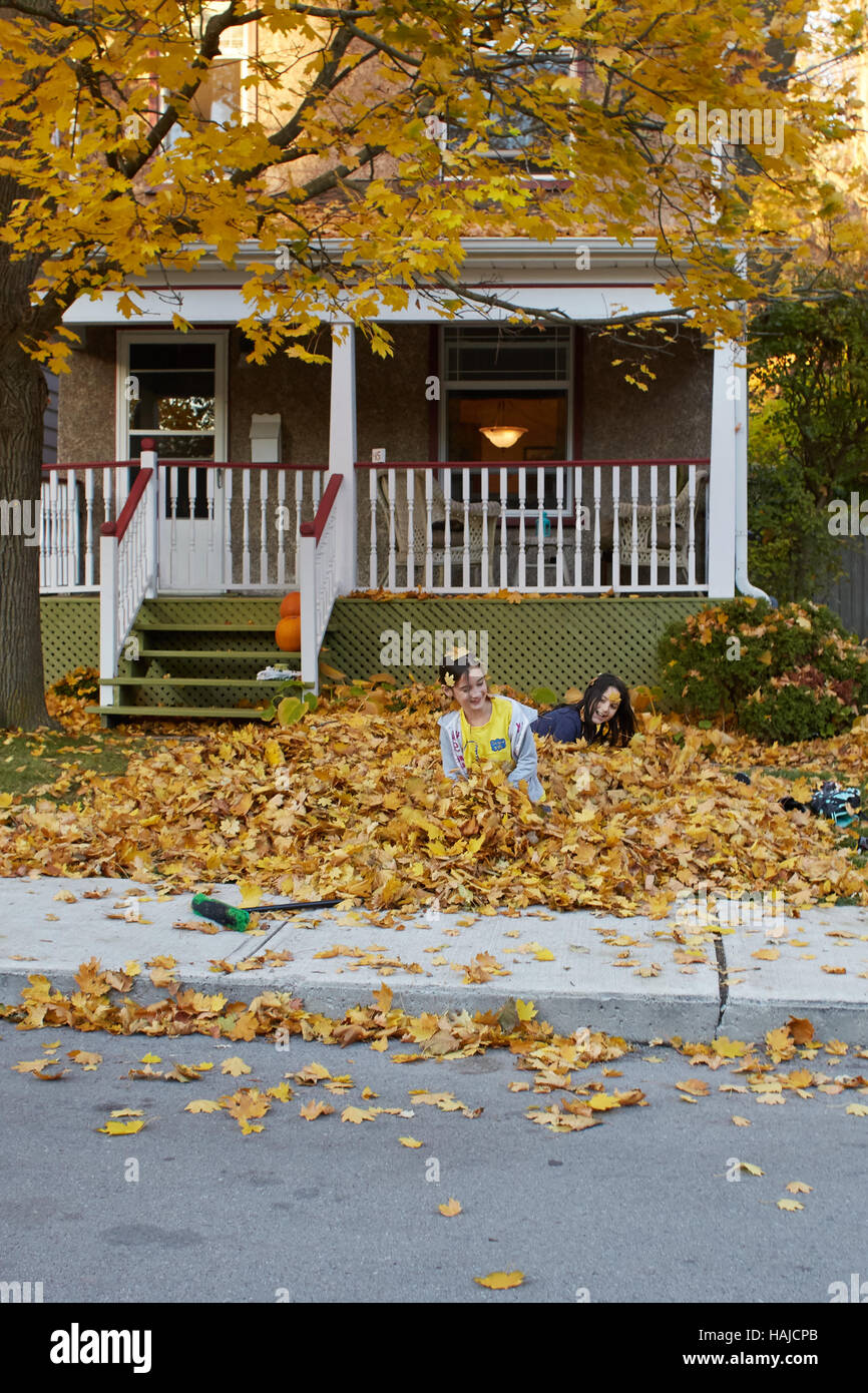 Kids playing in leaf pile on front yard Stock Photo - Alamy