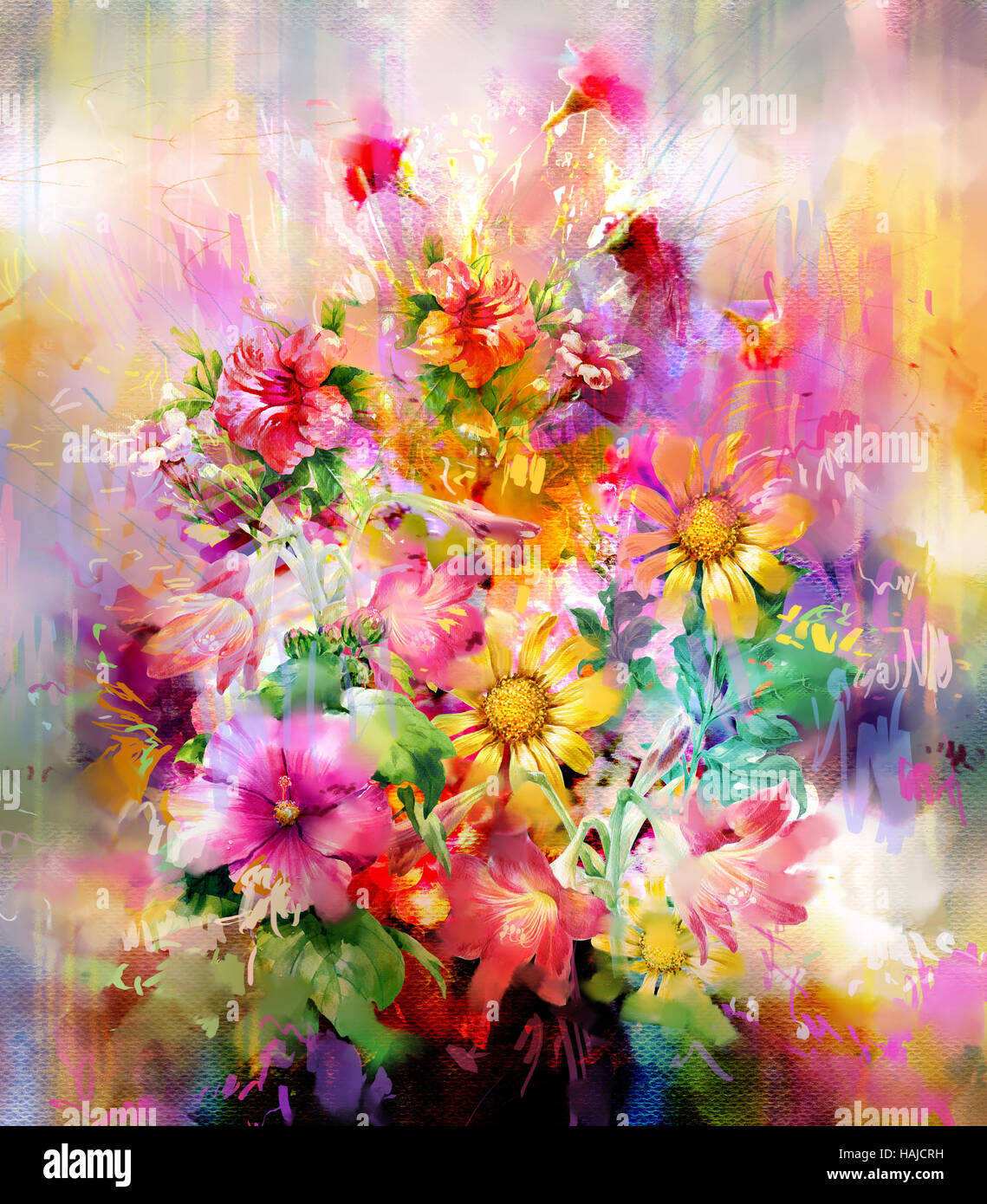 Bouquet of multicolored flowers watercolor painting style Stock Photo ...