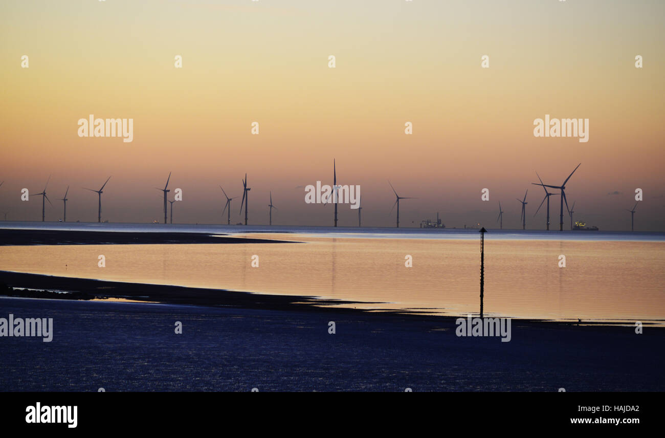 UK, Merseyside, Wirral, New Brighton, View to Burbo Bank Wind Farm and ...