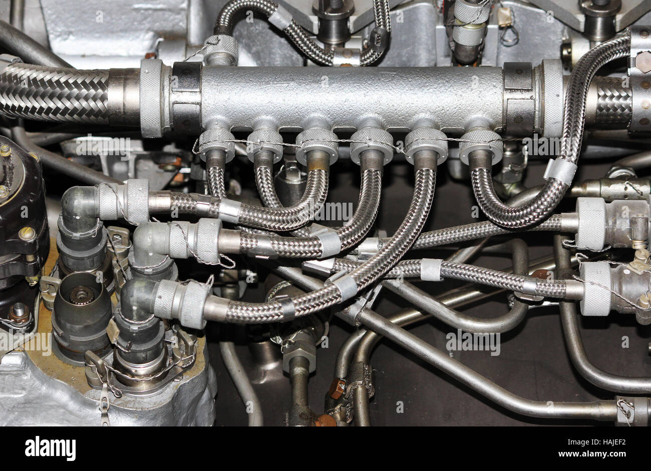 the internal structure of the aircraft engine, with hydraulic, fuel ...