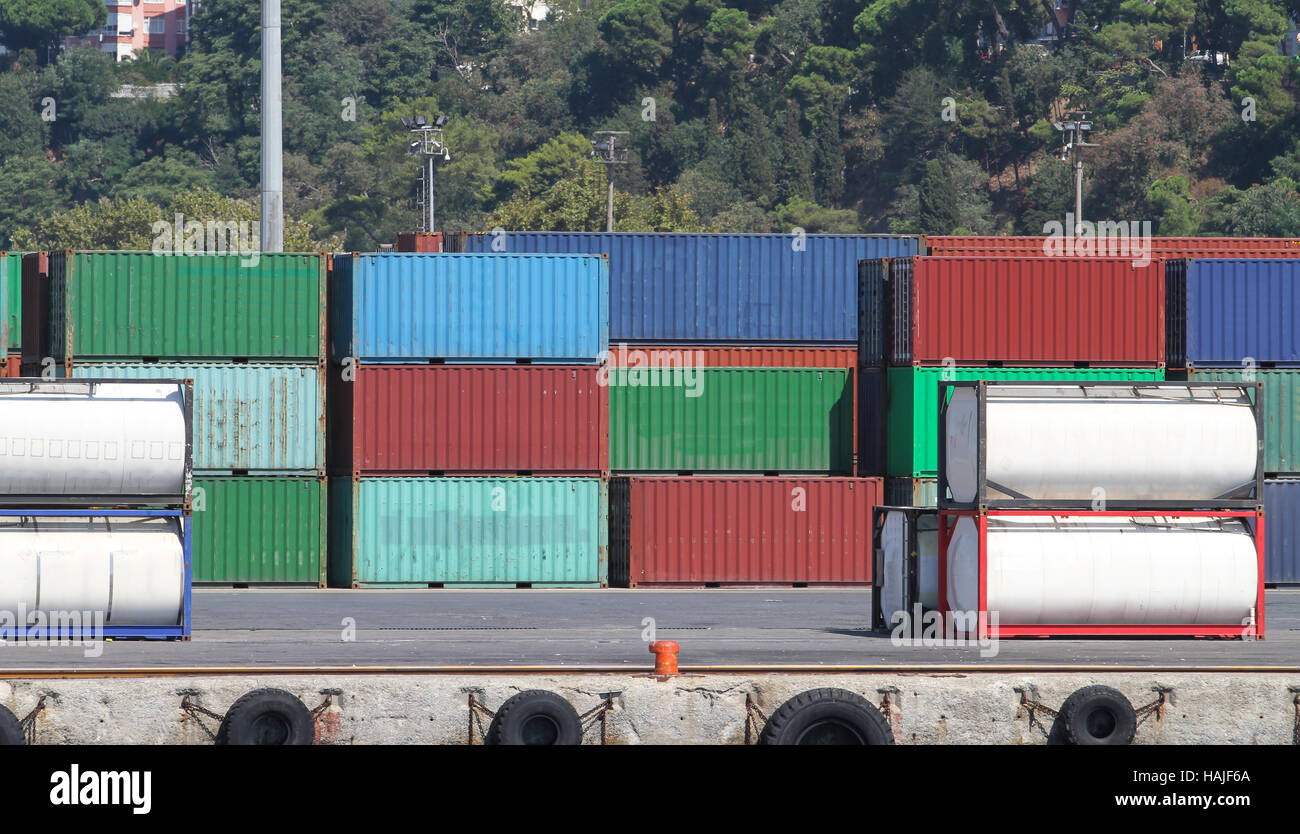 Containers waiting to transfer in a port Stock Photo - Alamy