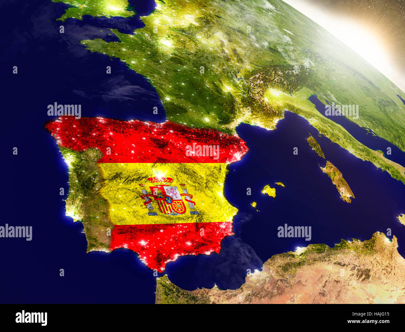 Spain with embedded flag on planet surface during sunrise. 3D ...