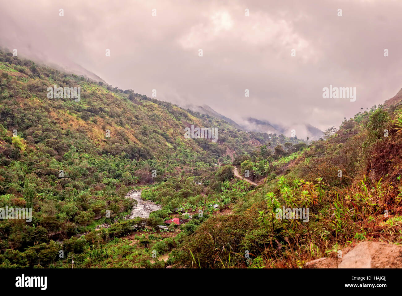 Aerial View Of Village In The Intag Valley, Obscured By Clouds, Ecuador ...