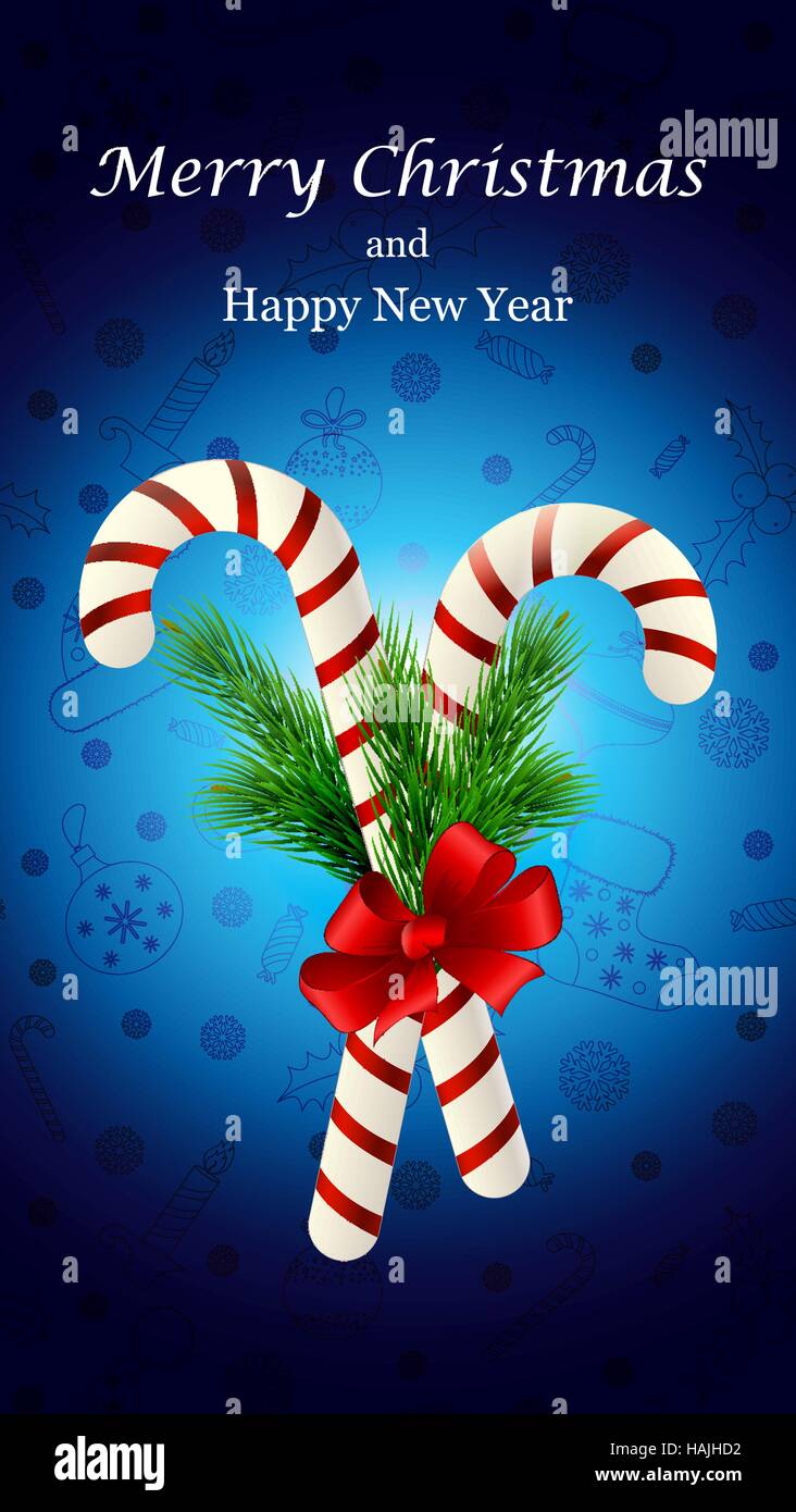Christmas candy cane decorated with a bow and tree branches Stock ...