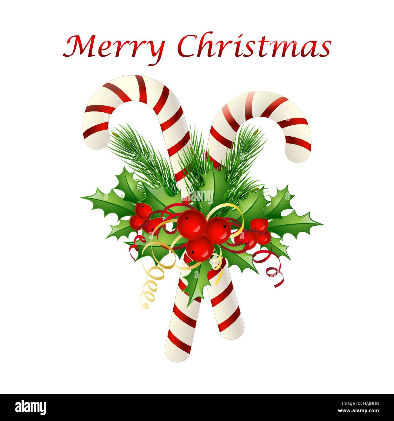 Christmas candy cane decorated with a bow and tree branches Stock ...