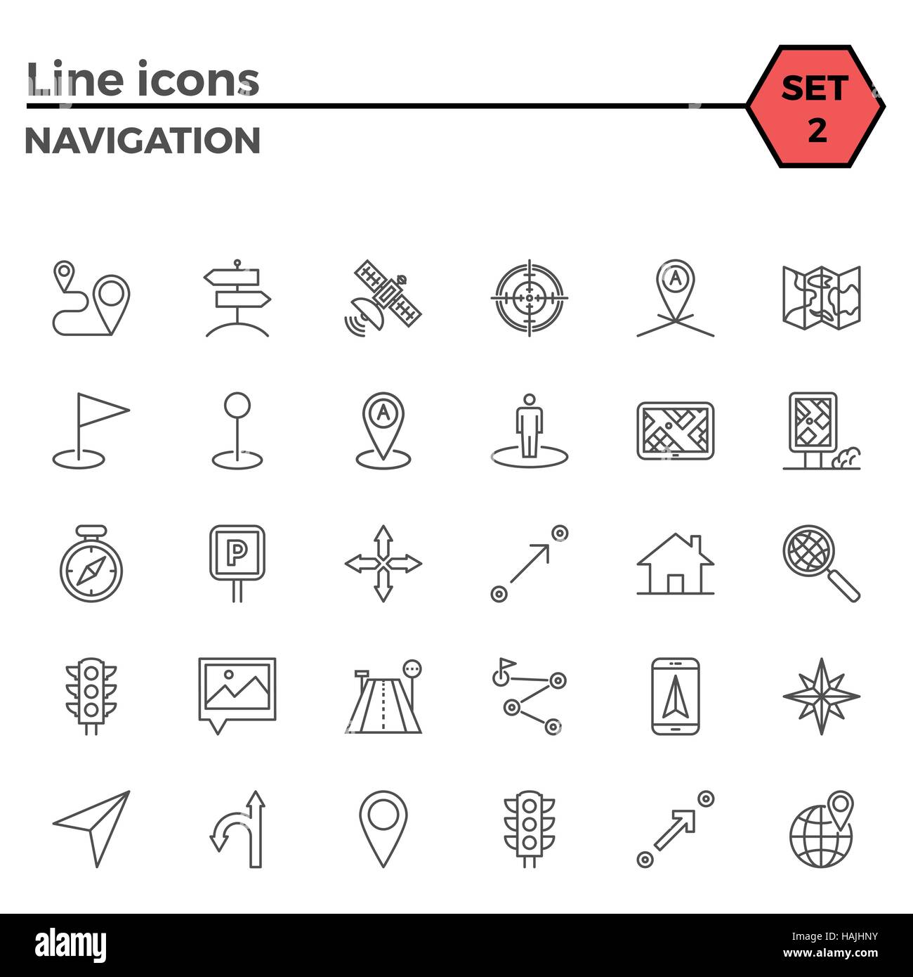 Navigation Thin Line Related Icons Set on White Background. Simple Mono ...