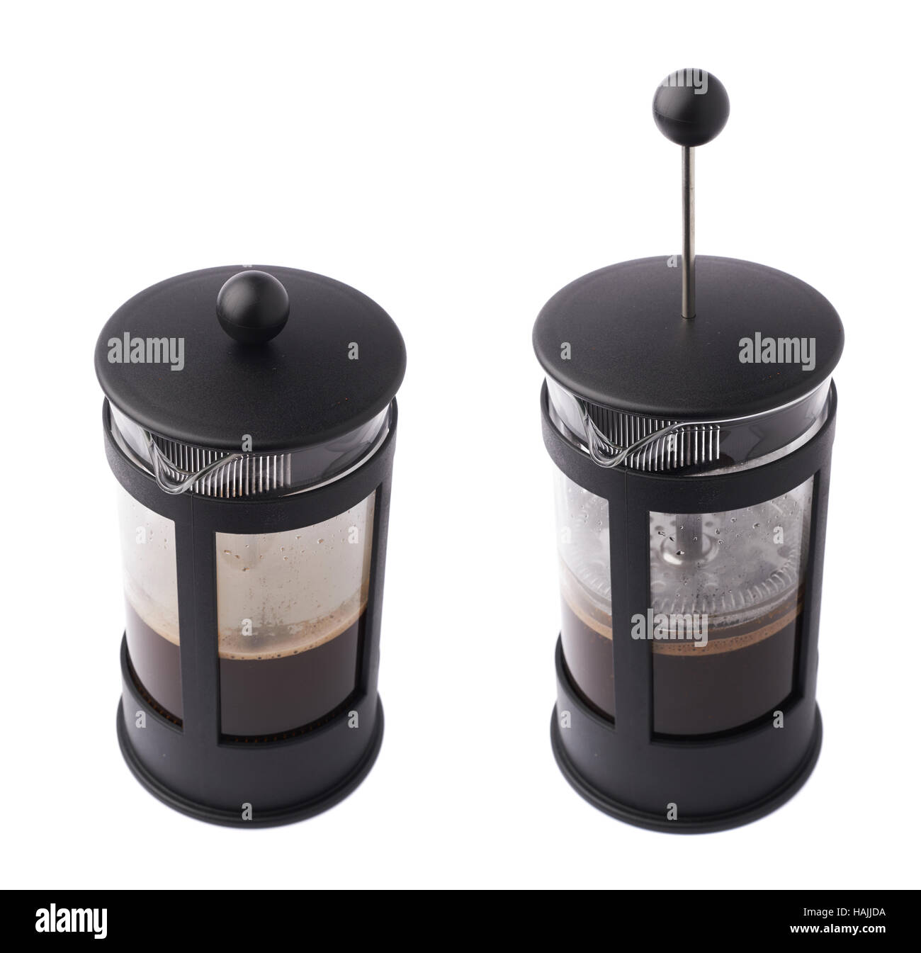 French press pot coffee filled with hot beverage composition isolated ...