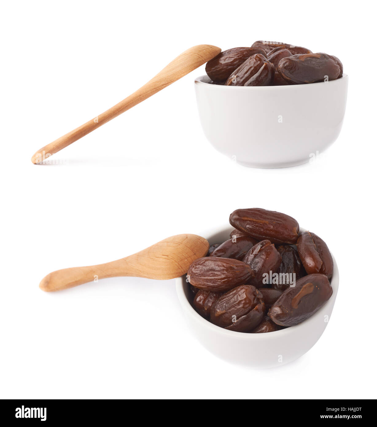 Date fruits in bowl with wooden spoon over white isolated background ...