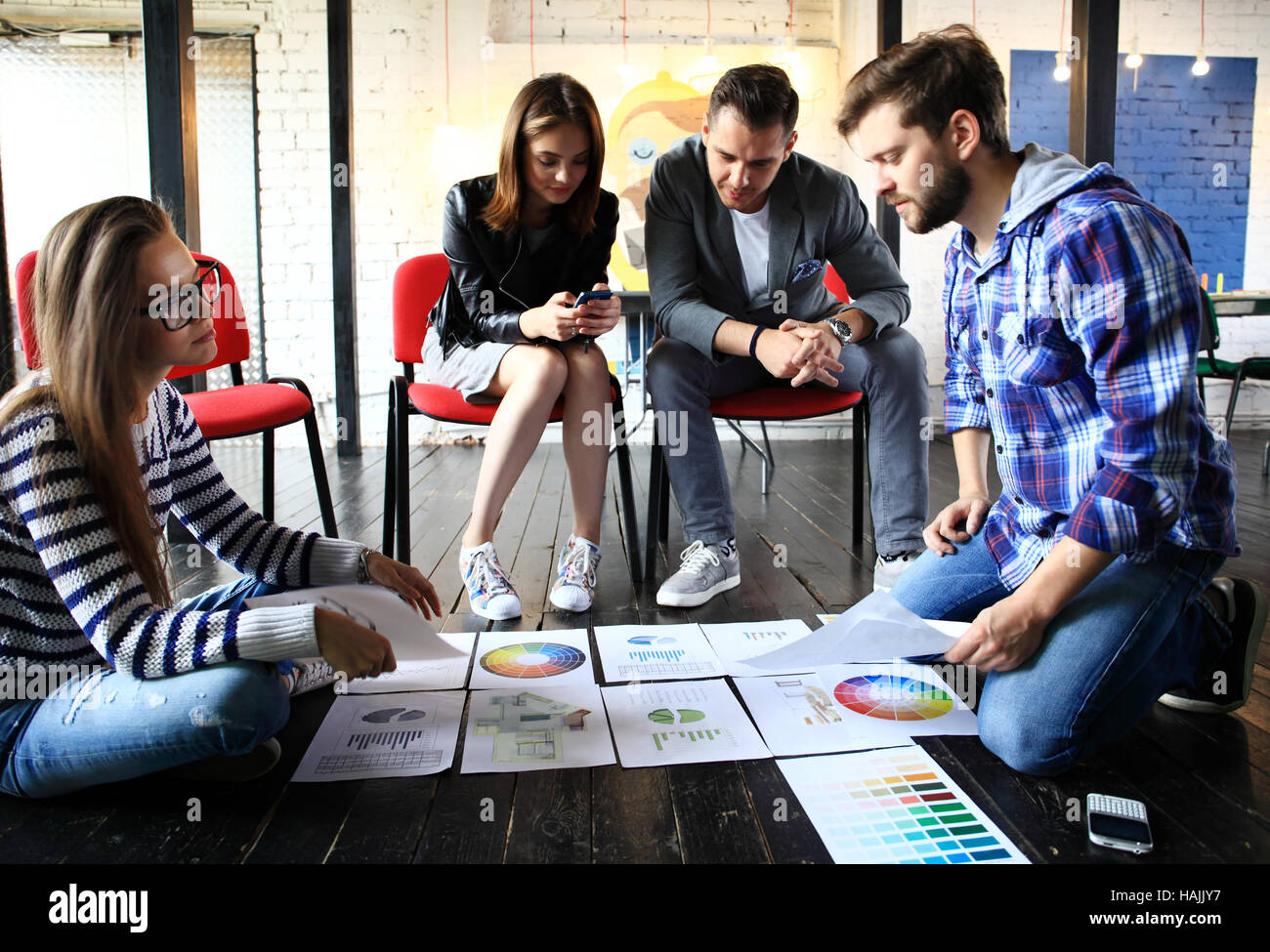 Team job. Photo young businessmans crew working with new startup ...