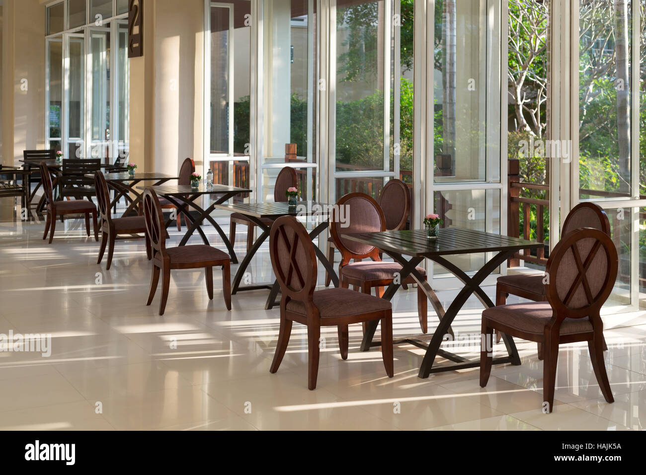 Empty restaurant, windows with tropical plants Stock Photo - Alamy