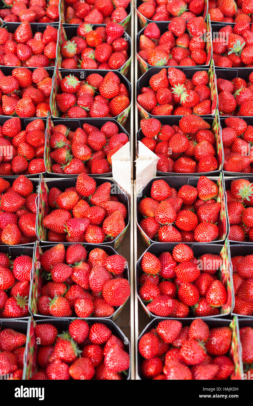 Background of fresh strawberries in boxes Stock Photo - Alamy