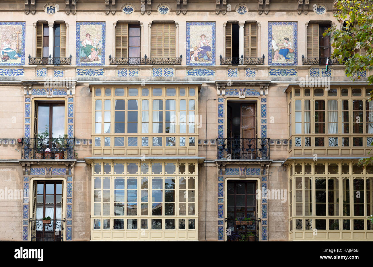 facade of the building with a mosaic pattern, Palma de Mallorca Stock ...