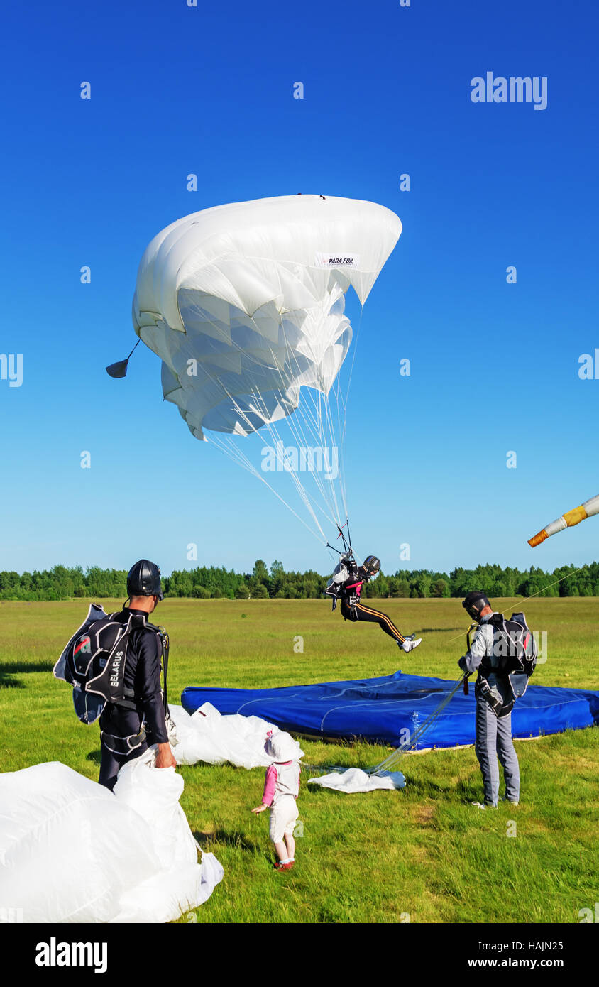 Parachutists - 2015.Landing on airfield Stock Photo - Alamy