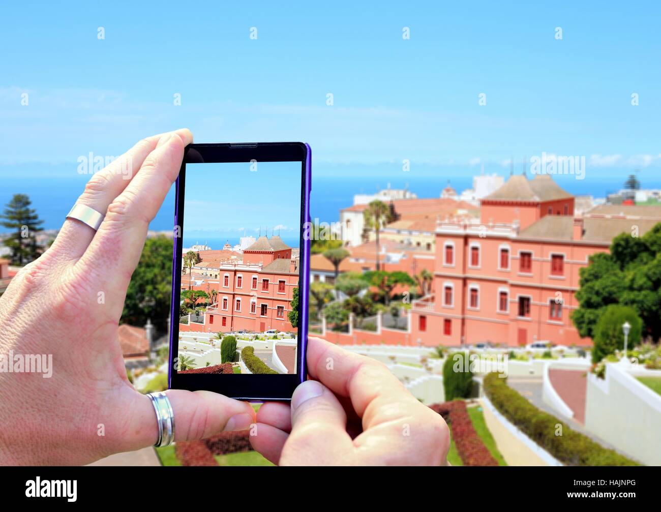 View over the mobile phone display during taking a picture of castle ...