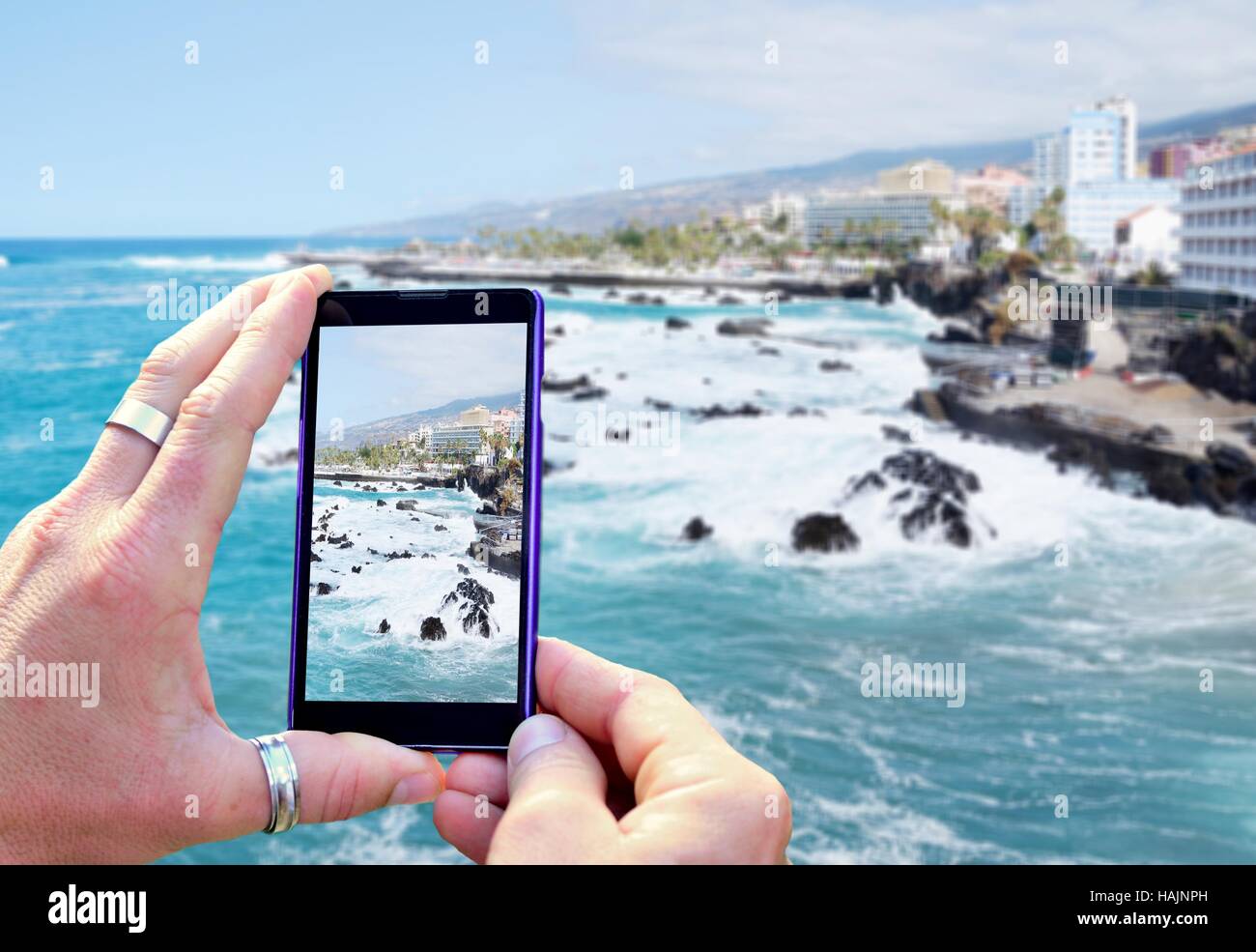 View over the mobile phone display during taking a picture of Puerto de ...